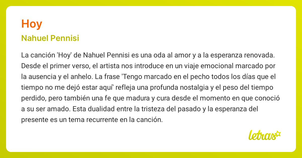 Significado de la canción HOY (Nahuel Pennisi) - LETRAS.COM