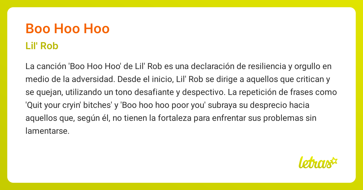 Significado de la canción BOO HOO HOO (Lil' Rob) - LETRAS.COM