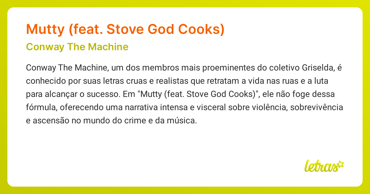 Significado da música MUTTY (FEAT. STOVE GOD COOKS) (Conway The Machine ...