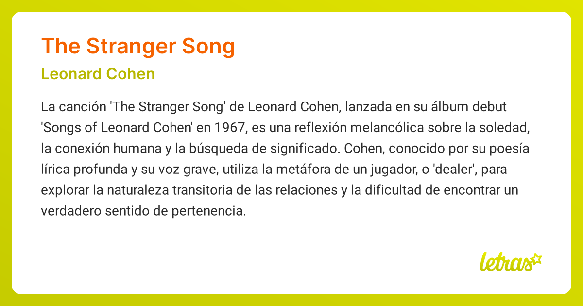 Significado de la canción THE STRANGER SONG (Leonard Cohen) - LETRAS.COM