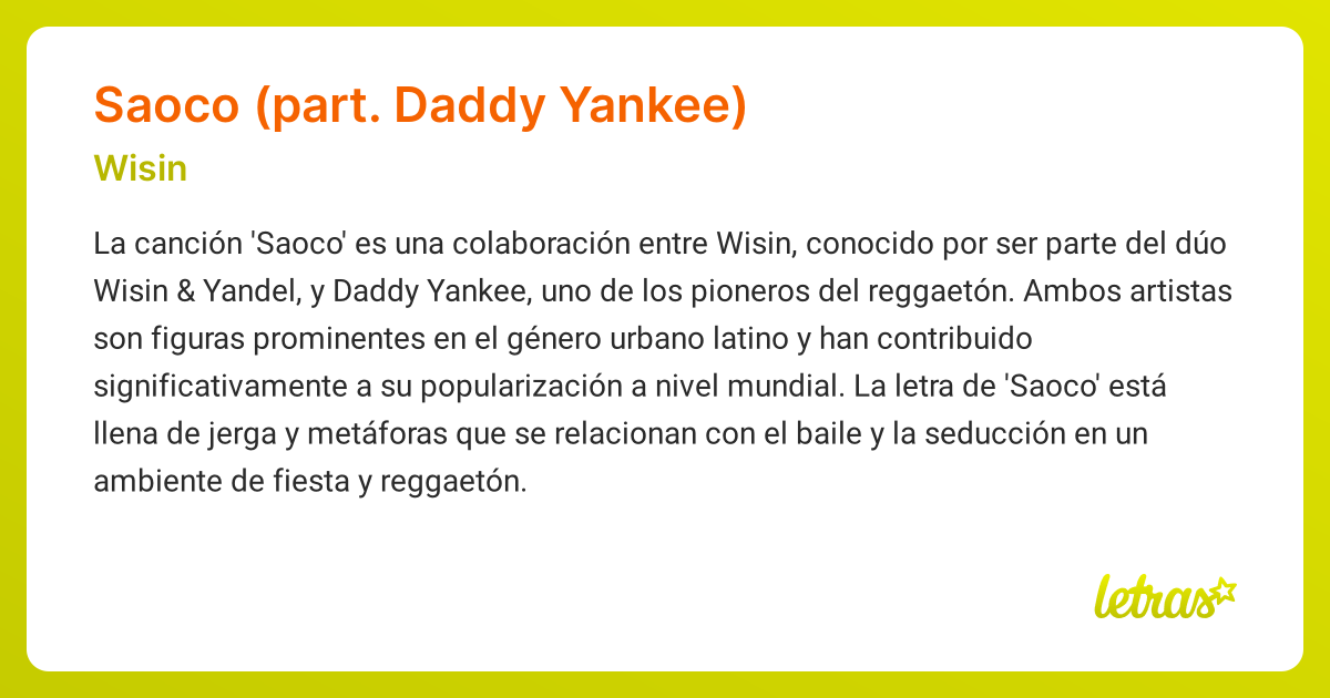 Significado de la canción SAOCO (PART. DADDY YANKEE) (Wisin) - LETRAS.COM