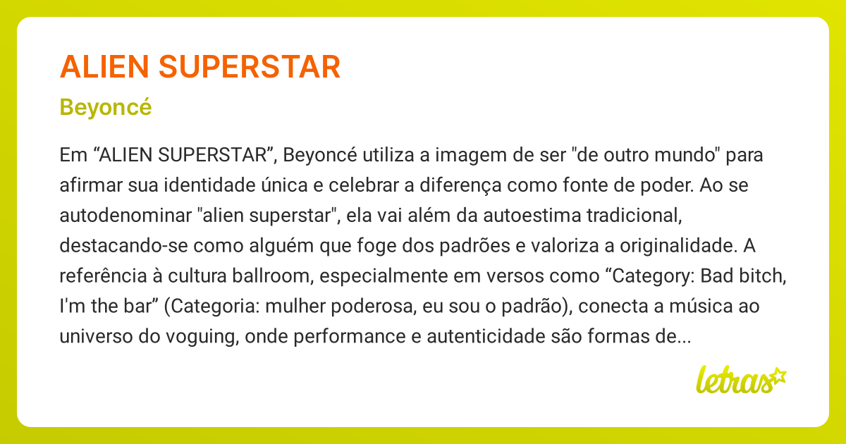 Significado da música ALIEN SUPERSTAR (Beyoncé) - LETRAS.MUS.BR