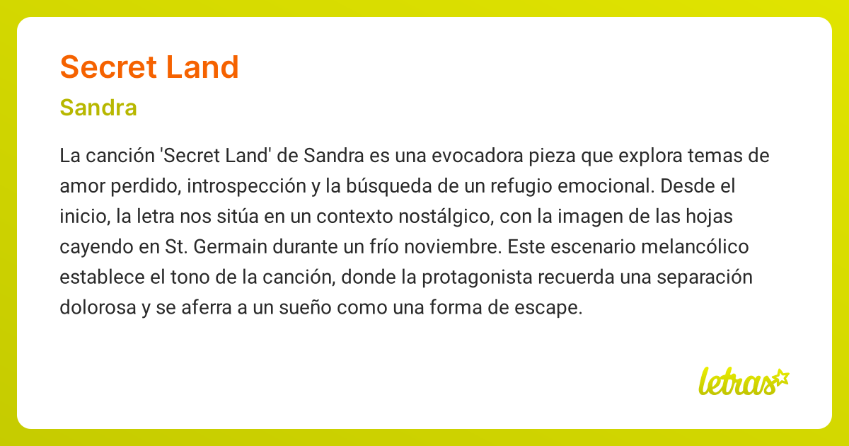 Significado de la canción SECRET LAND (Sandra) - LETRAS.COM