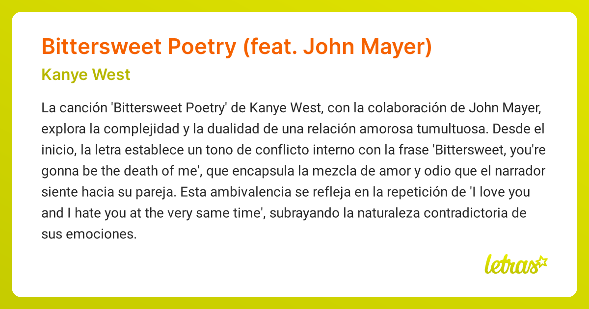 Significado de la canción Bittersweet Poetry (feat. John Mayer) (Kanye ...