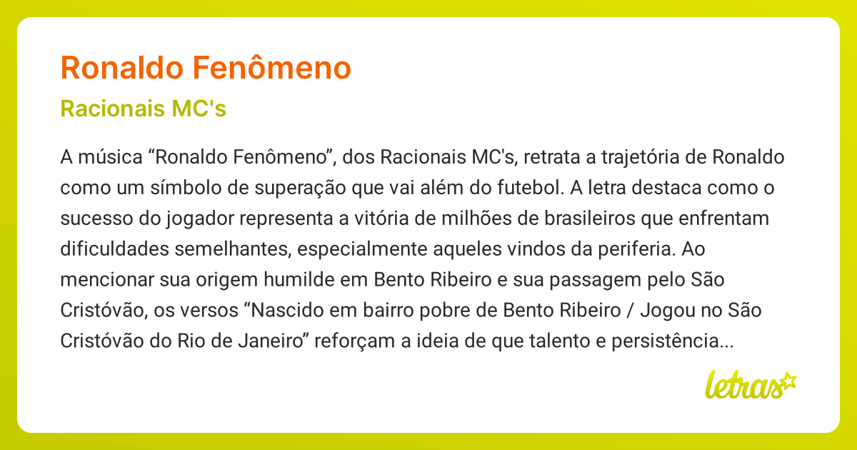 Significado da música RONALDO FENÔMENO (Racionais MC's) - LETRAS.MUS.BR