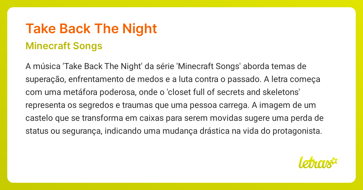 Significado da música TAKE BACK THE NIGHT (Minecraft Songs) - LETRAS.MUS.BR