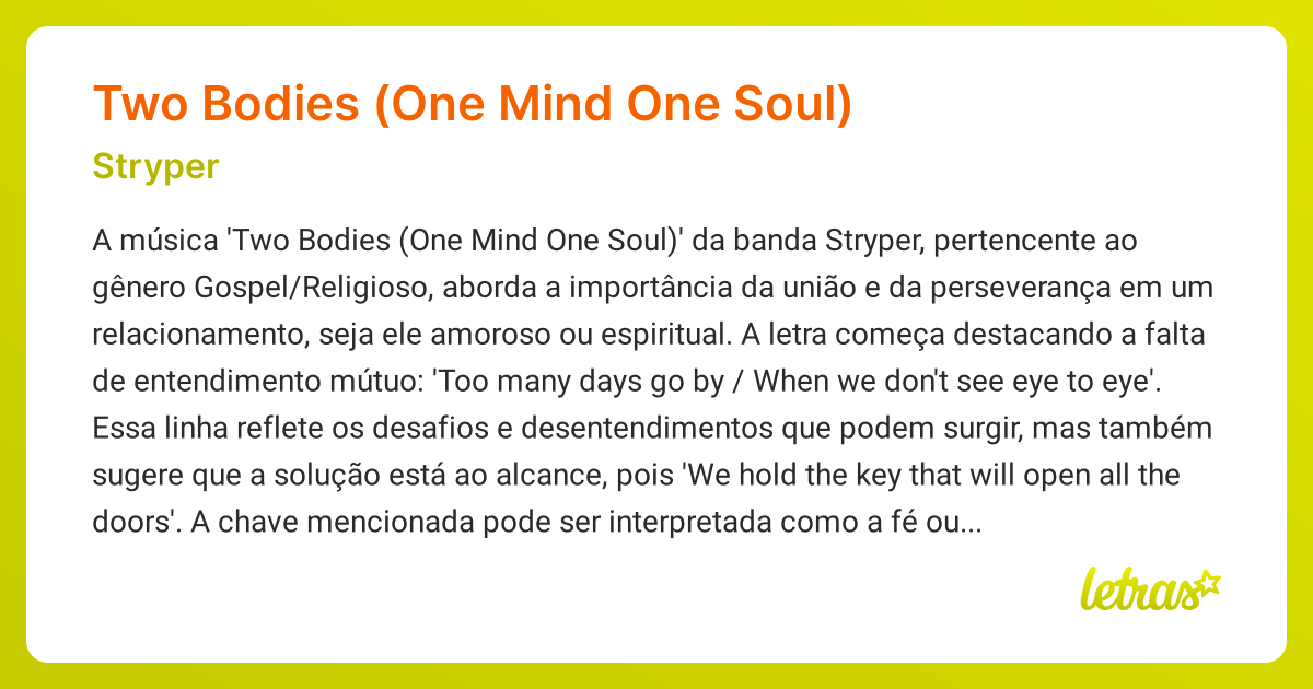 Significado da música TWO BODIES (ONE MIND ONE SOUL) (Stryper) - LETRAS.MUS.BR