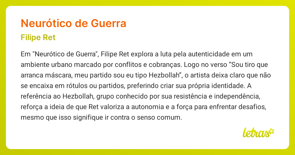 Significado da música NEURÓTICO DE GUERRA (Filipe Ret) - LETRAS.MUS.BR