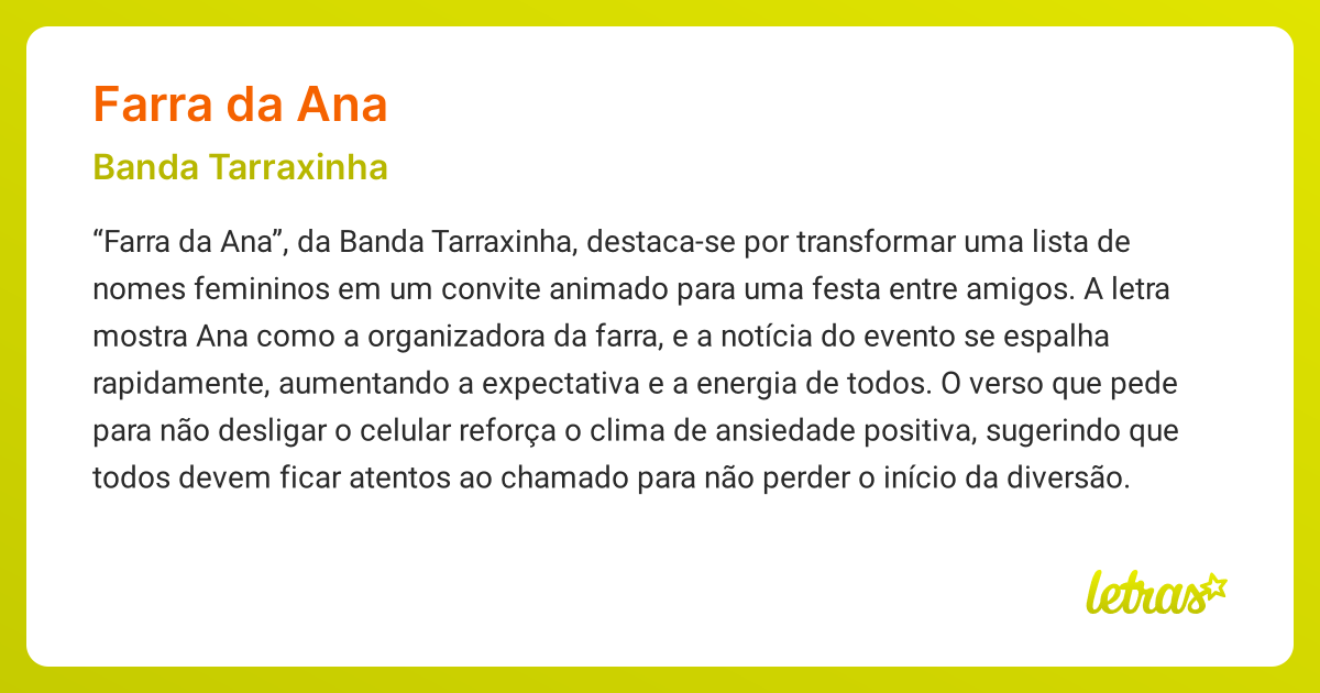 Significado da música FARRA DA ANA (Banda Tarraxinha) - LETRAS.MUS.BR