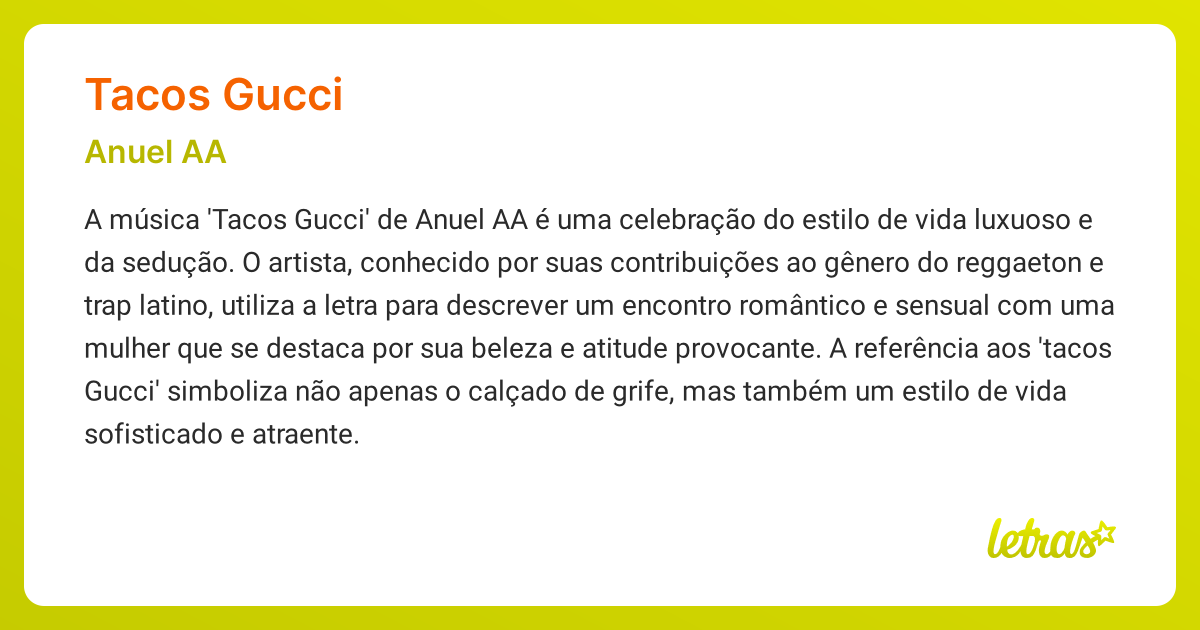 Significado da música TACOS GUCCI (Anuel AA) - LETRAS.MUS.BR