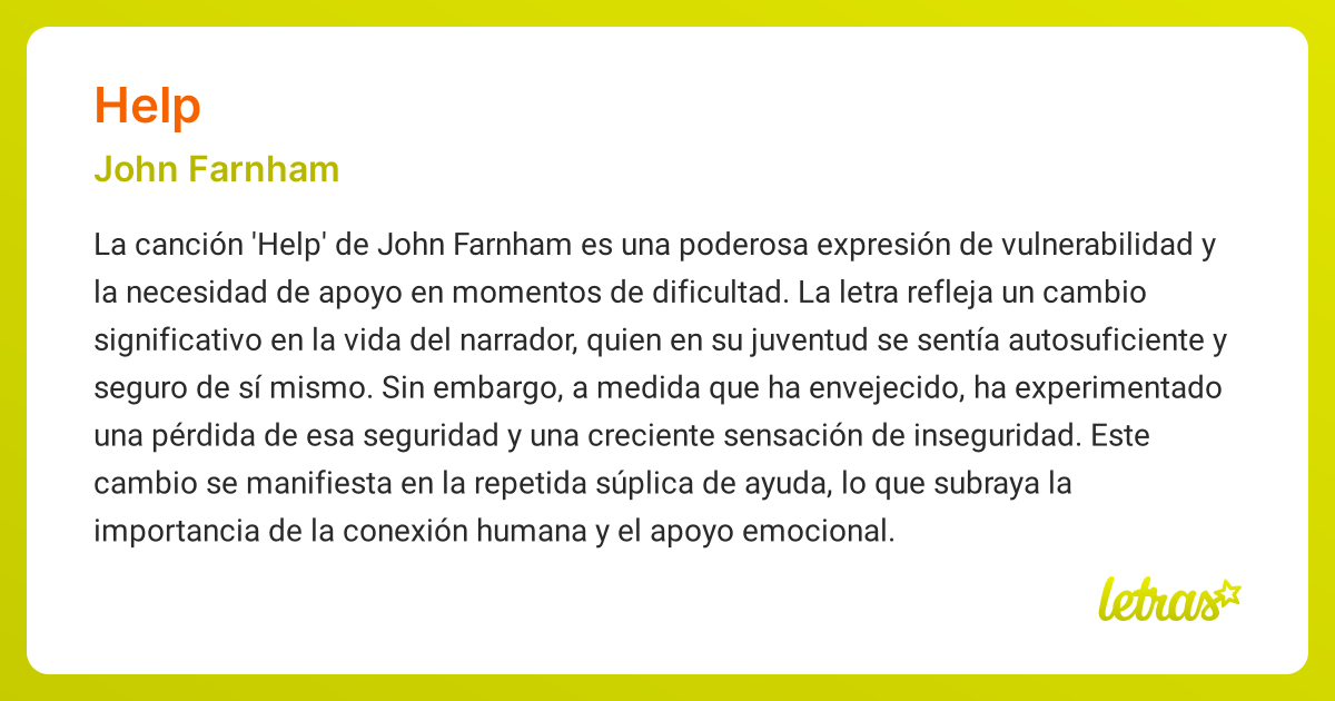 Significado de la canción HELP (John Farnham) - LETRAS.COM