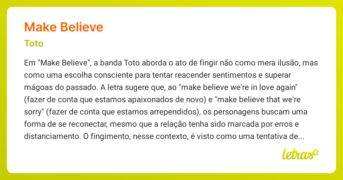 Significado da música MAKE BELIEVE (Toto) - LETRAS.MUS.BR