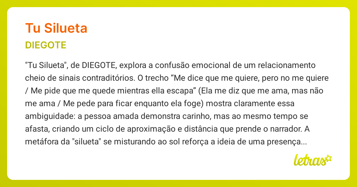 Significado da música TU SILUETA (DIEGOTE) - LETRAS.MUS.BR