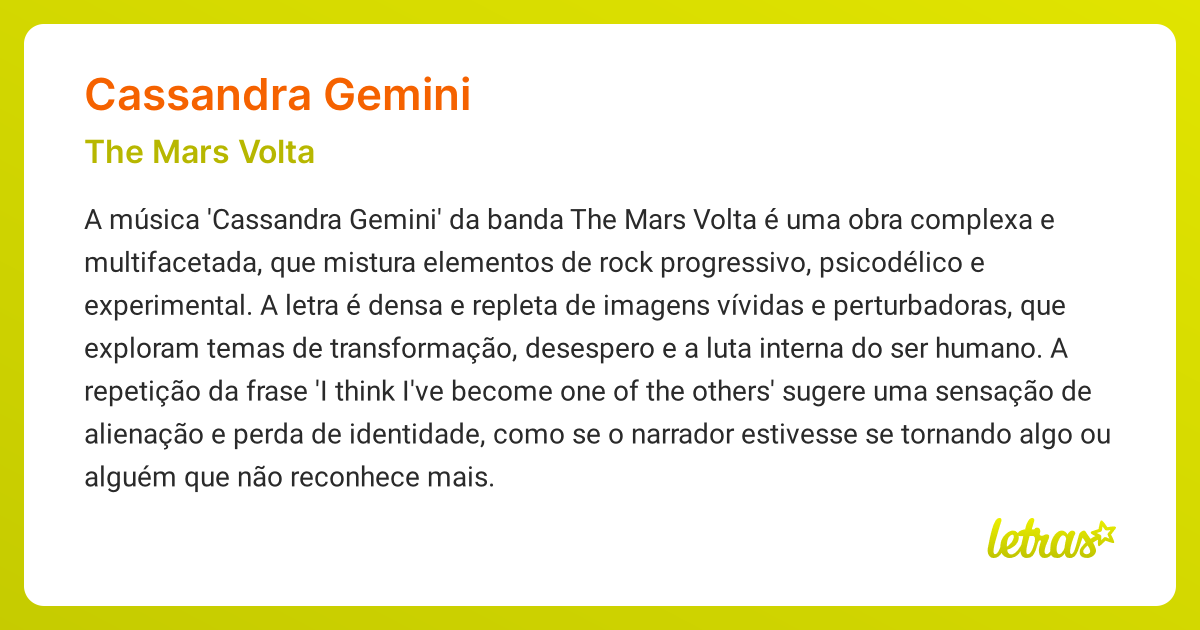 Significado da música CASSANDRA GEMINI (The Mars Volta) - LETRAS.MUS.BR