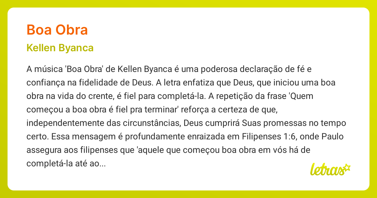 Significado da música BOA OBRA (Kellen Byanca) - LETRAS.MUS.BR