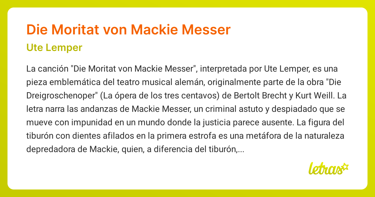 Significado de la canción DIE MORITAT VON MACKIE MESSER (Ute Lemper ...