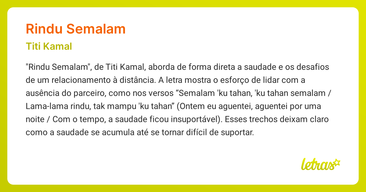 Significado da música RINDU SEMALAM (Titi Kamal) - LETRAS.MUS.BR