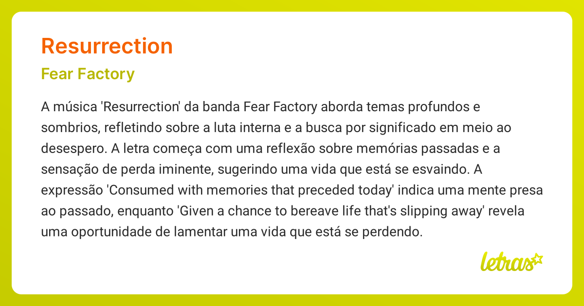 Significado da música RESURRECTION (Fear Factory) - LETRAS.MUS.BR