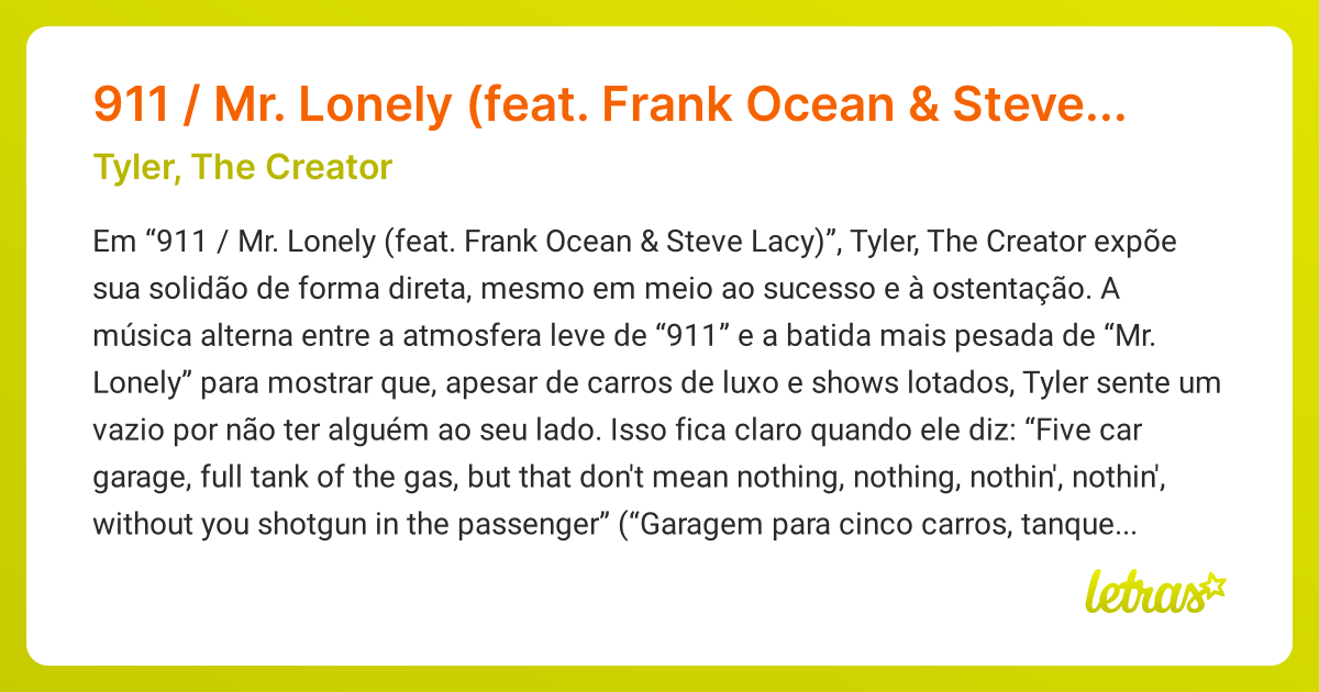 Significado da música 911 / Mr. Lonely (feat. Frank Ocean & Steve Lacy) (Tyler, The Creator ...