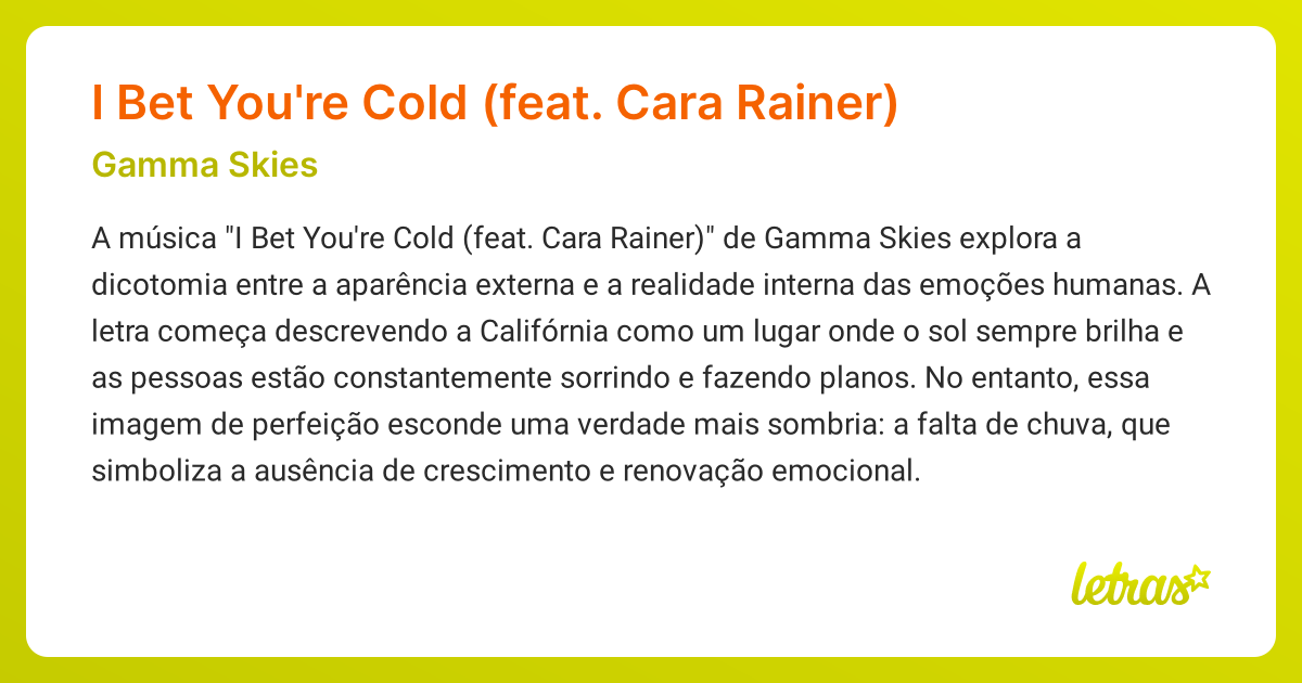Significado da música I Bet You're Cold (feat. Cara Rainer) (Gamma ...