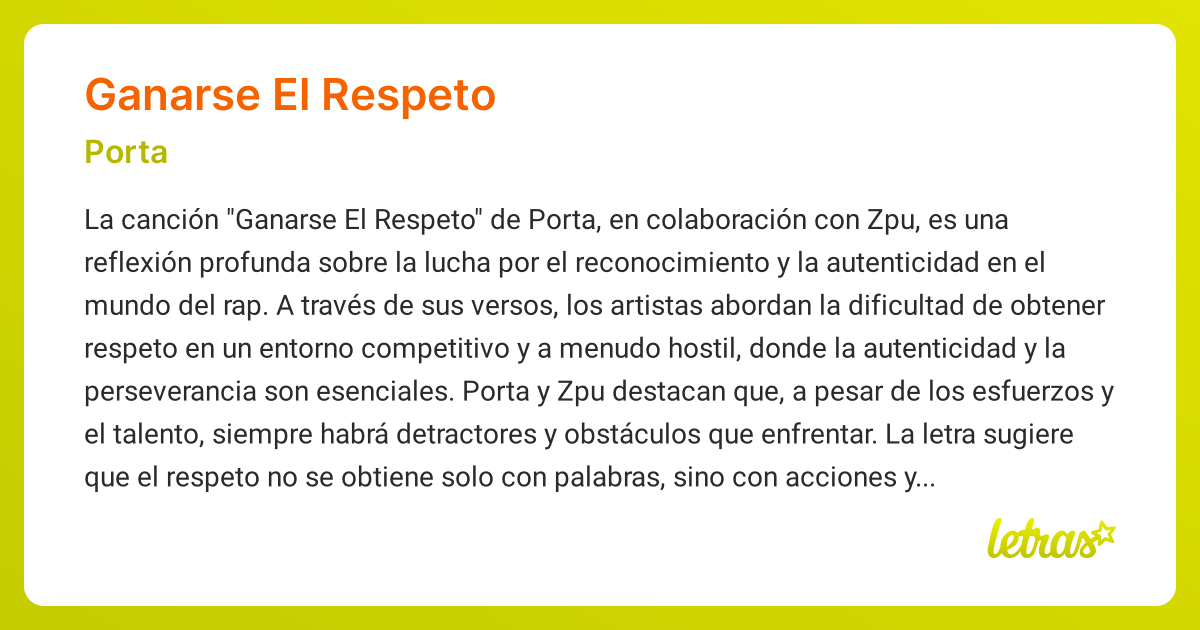 Significado de la canción GANARSE EL RESPETO (Porta) - LETRAS.COM