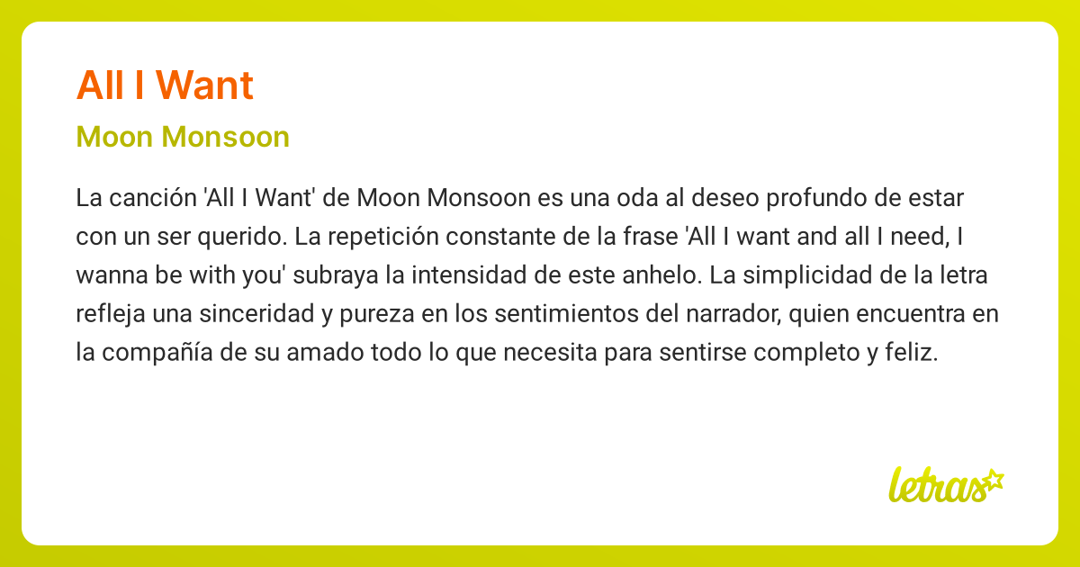 Significado de la canción ALL I WANT (Moon Monsoon) - LETRAS.COM