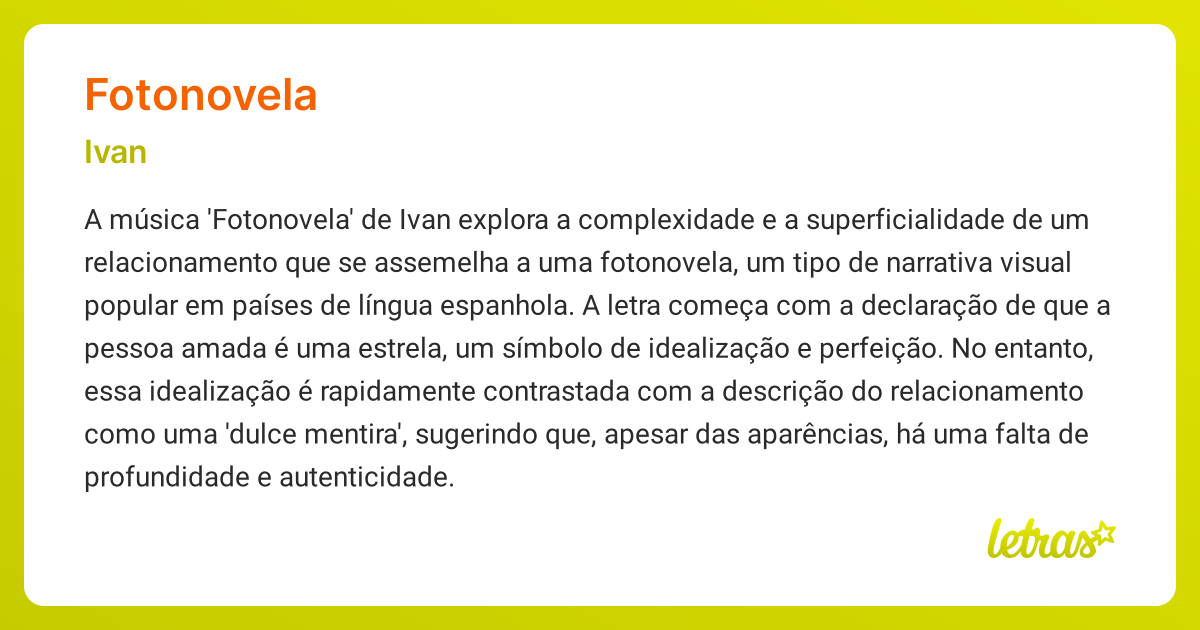 Significado da música FOTONOVELA (Ivan) - LETRAS.MUS.BR