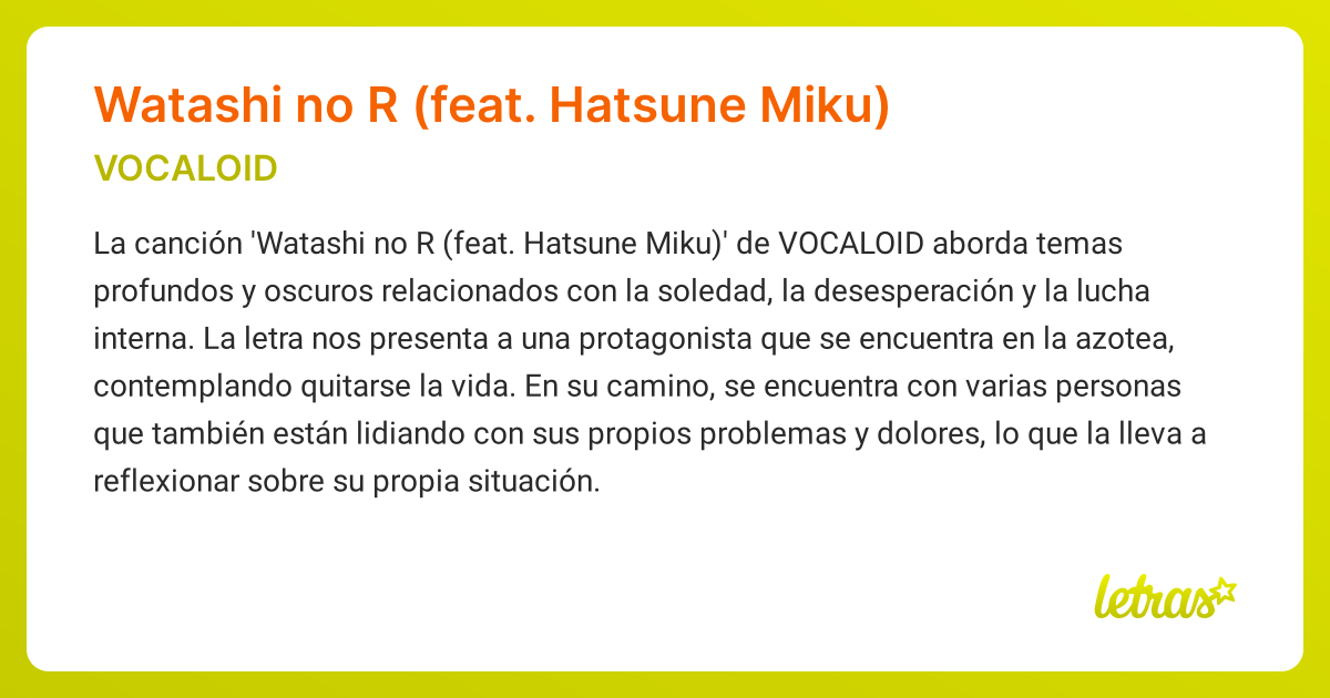 Significado de la canción Watashi no R (feat. Hatsune Miku) (VOCALOID ...