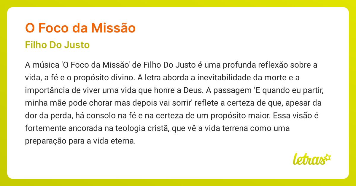 Significado da música O FOCO DA MISSÃO (Filho Do Justo) - LETRAS.MUS.BR