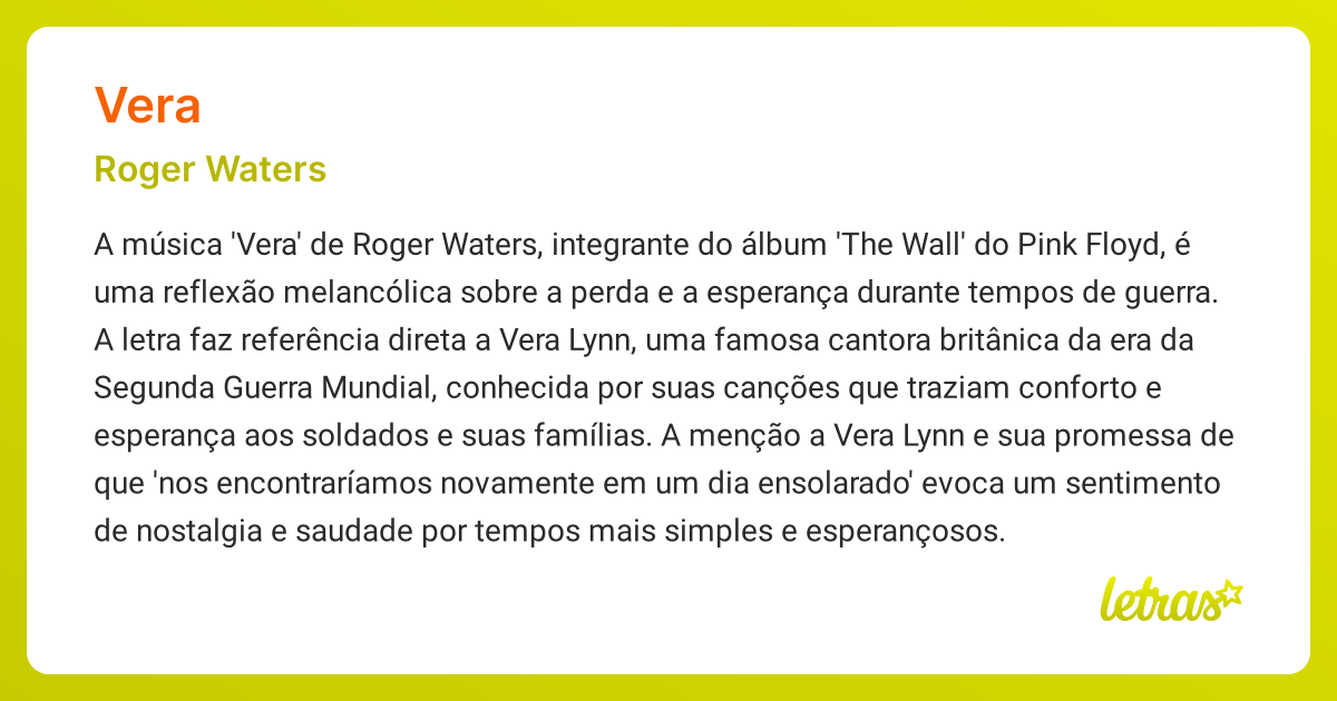Significado da música VERA (Roger Waters) - LETRAS.MUS.BR