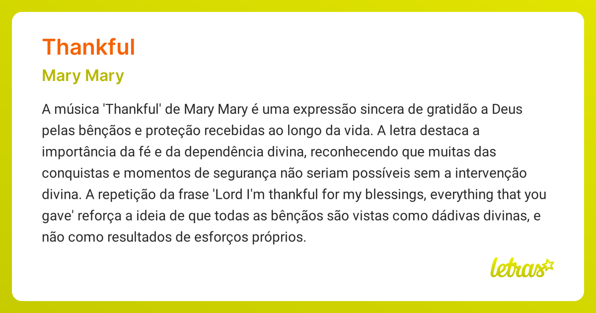 Significado da música THANKFUL (Mary Mary) - LETRAS.MUS.BR