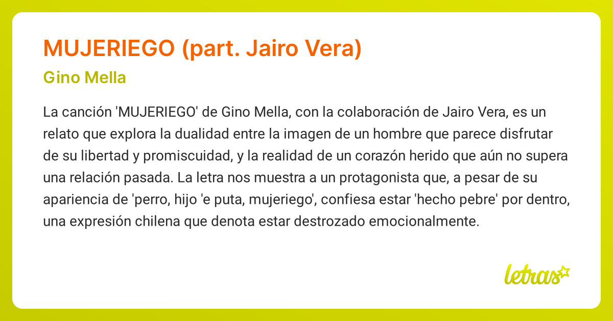 Significado de la canción MUJERIEGO (PART. JAIRO VERA) (Gino Mella ...