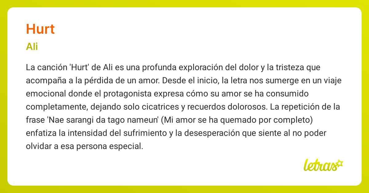 Significado de la canción HURT (Ali) - LETRAS.COM