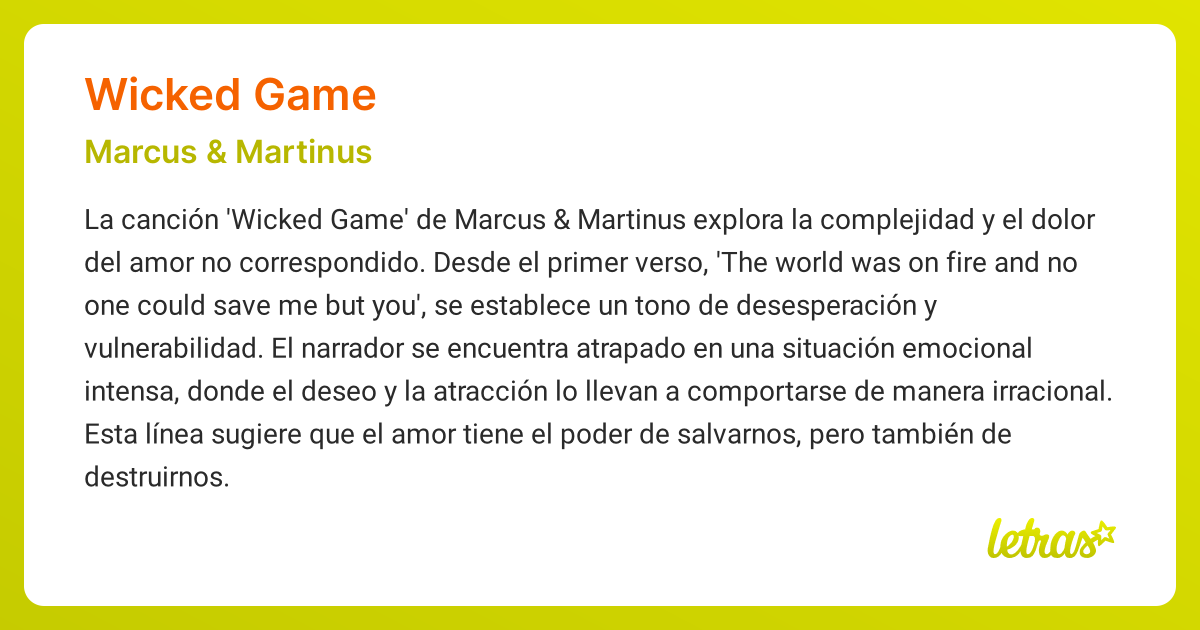 Significado de la canción WICKED GAME (Marcus & Martinus) - LETRAS.COM