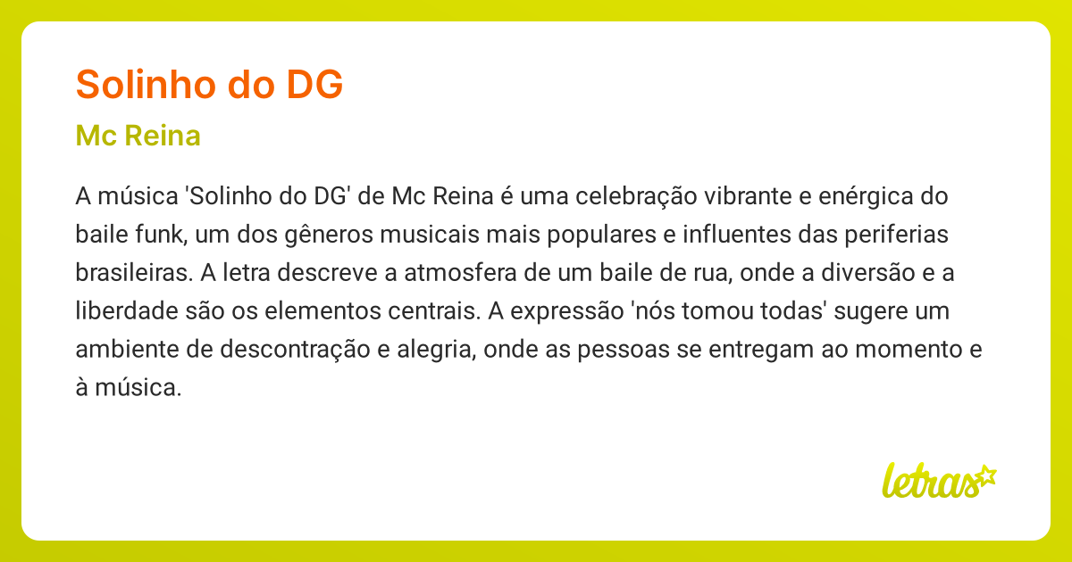 Significado da música SOLINHO DO DG (Mc Reina) - LETRAS.MUS.BR