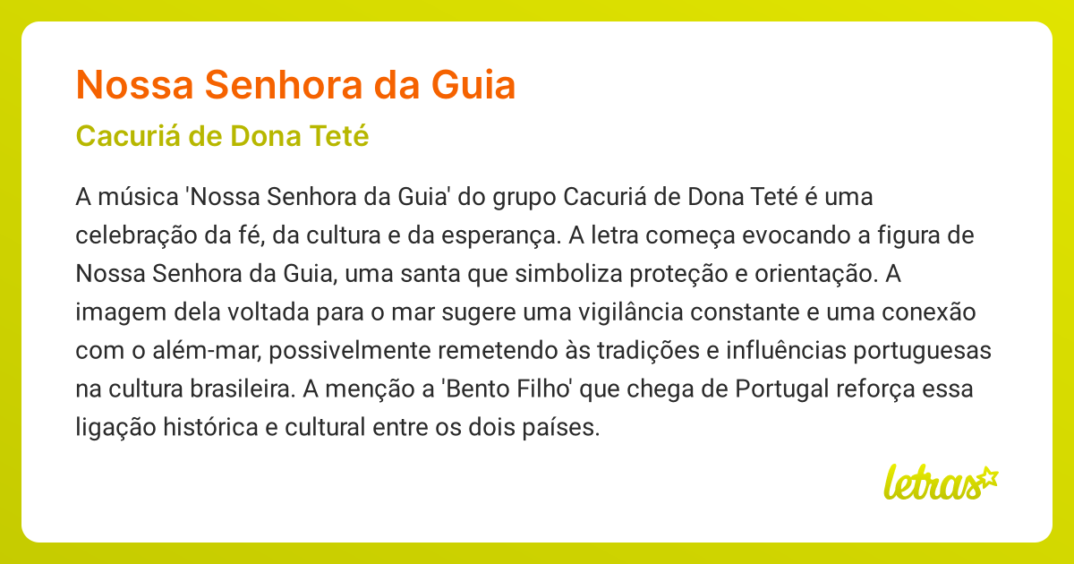 Significado da música NOSSA SENHORA DA GUIA (Cacuriá de Dona Teté ...