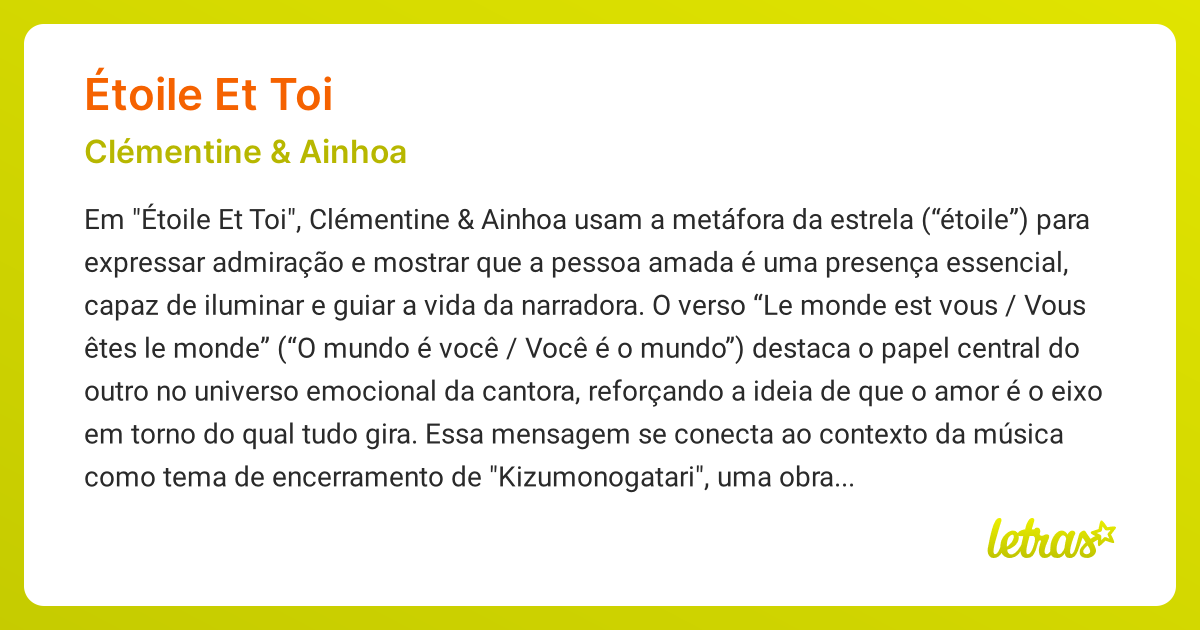 Significado da música ÉTOILE ET TOI (Clémentine & Ainhoa) - LETRAS.MUS.BR