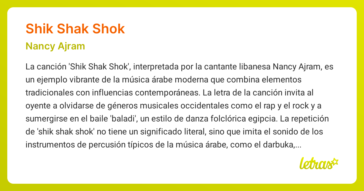 Significado de la canción SHIK SHAK SHOK (Nancy Ajram) - LETRAS.COM