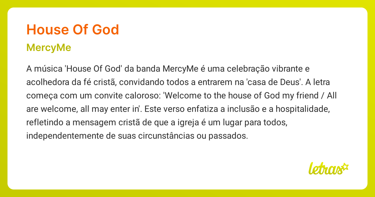 Significado da música HOUSE OF GOD (MercyMe) - LETRAS.MUS.BR