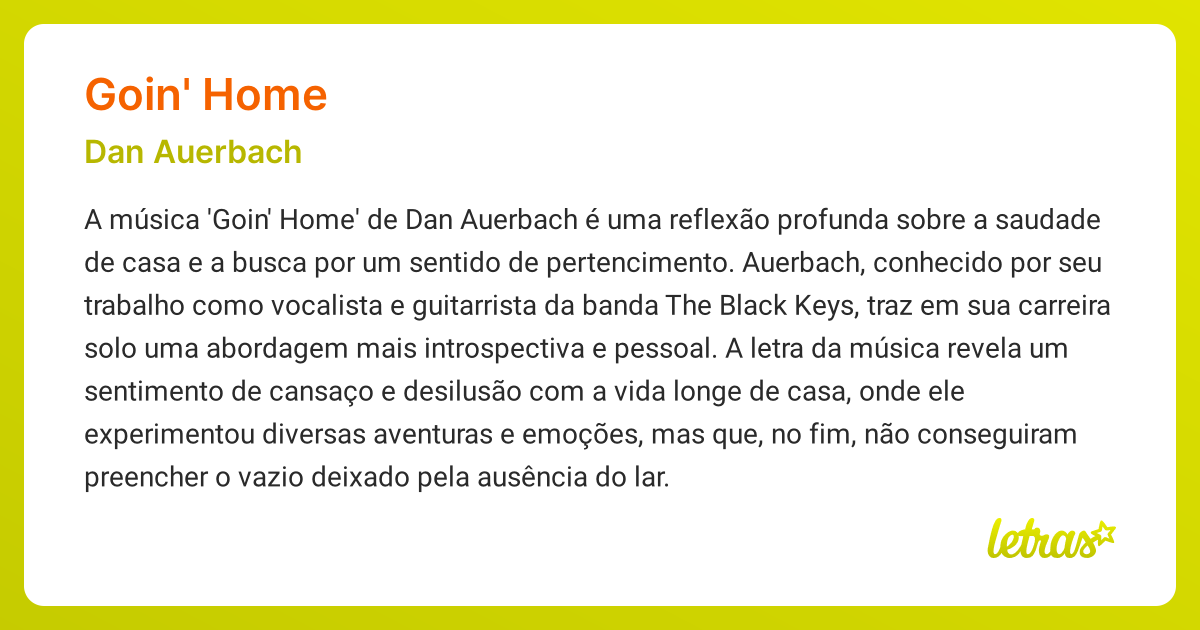 Significado da música GOIN' HOME (Dan Auerbach) - LETRAS.MUS.BR