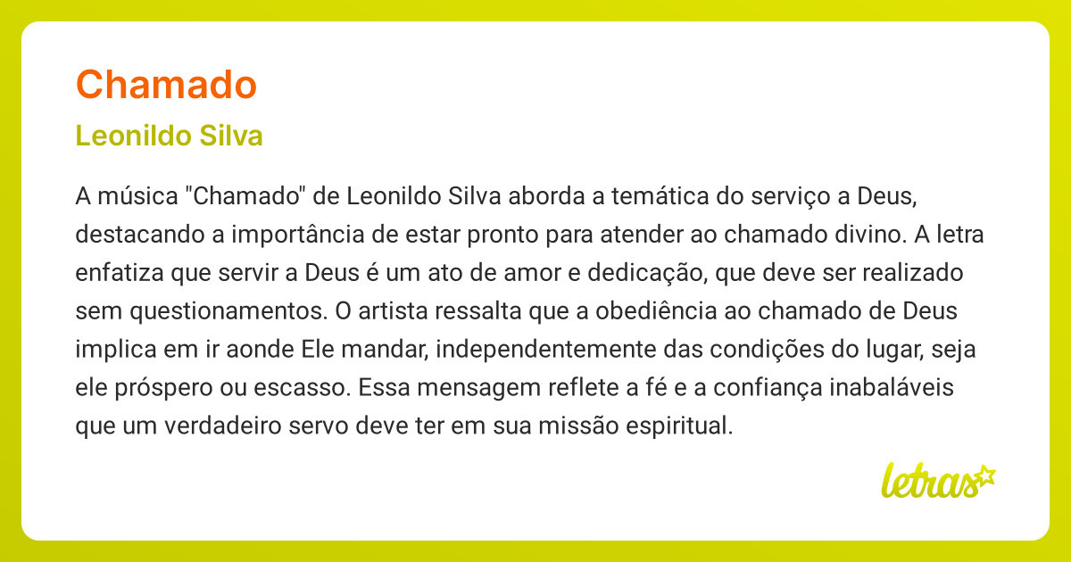 Significado da música CHAMADO (Leonildo Silva) - LETRAS.MUS.BR