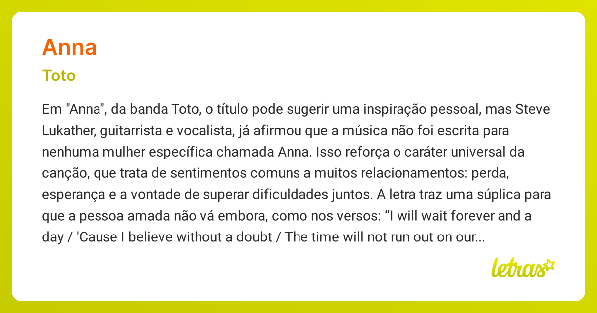 Significado da música ANNA (Toto) - LETRAS.MUS.BR