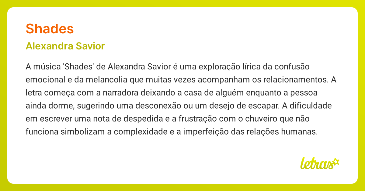 Significado da música SHADES (Alexandra Savior) - LETRAS.MUS.BR