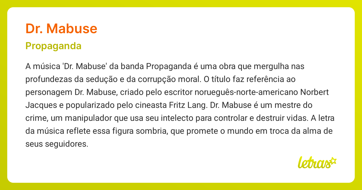 Significado da música DR. MABUSE (Propaganda) - LETRAS.MUS.BR