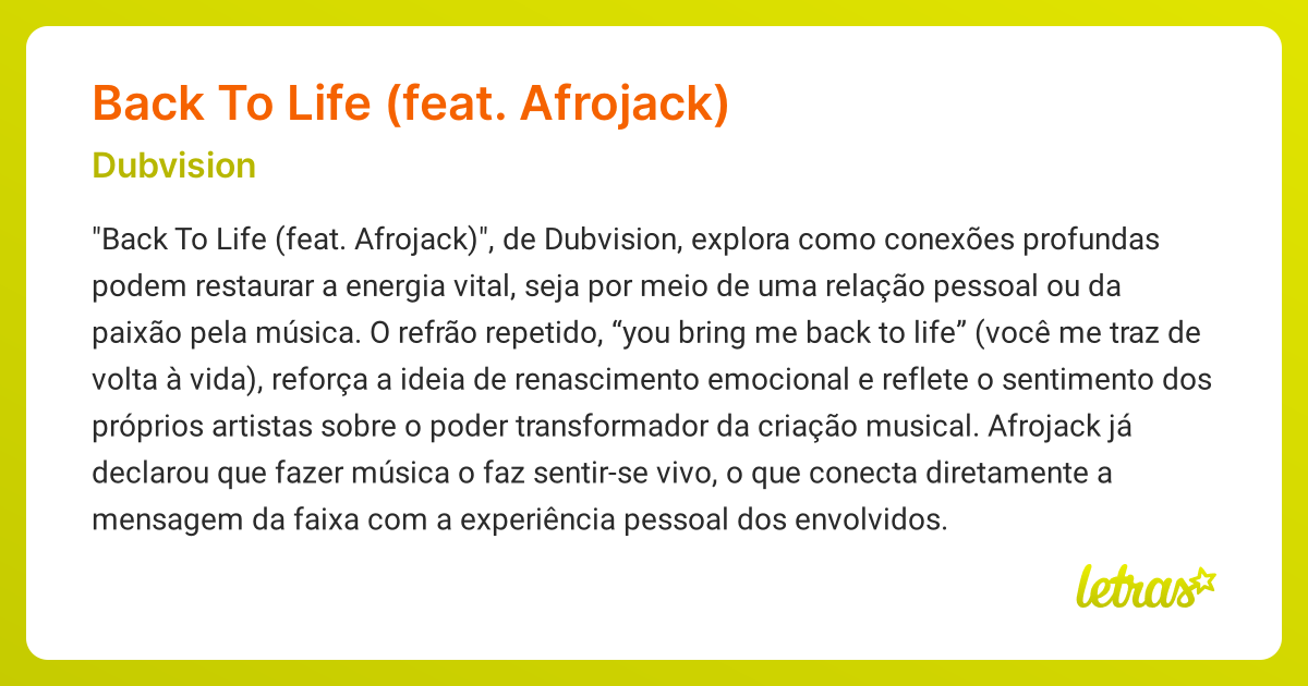 Significado da música BACK TO LIFE (FEAT. AFROJACK) (Dubvision ...