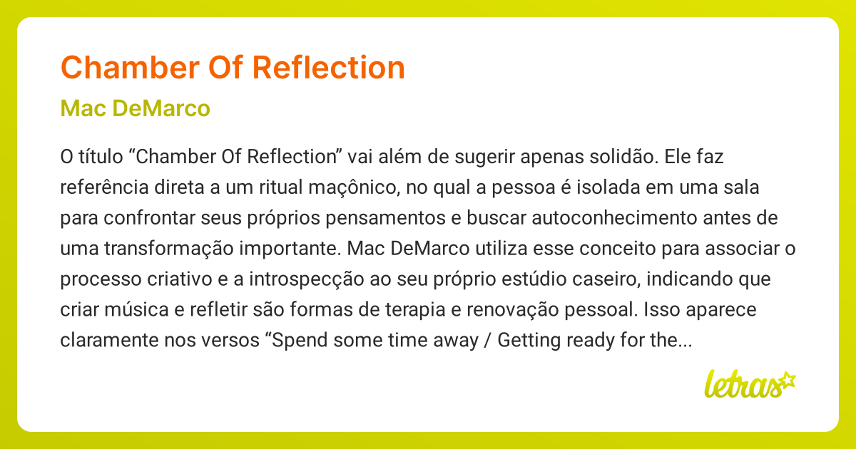 Significado da música CHAMBER OF REFLECTION (Mac DeMarco) - LETRAS.MUS.BR