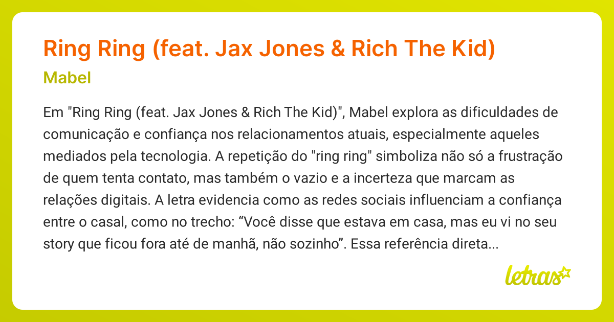 Significado da música Ring Ring (feat. Jax Jones & Rich The Kid) (Mabel ...