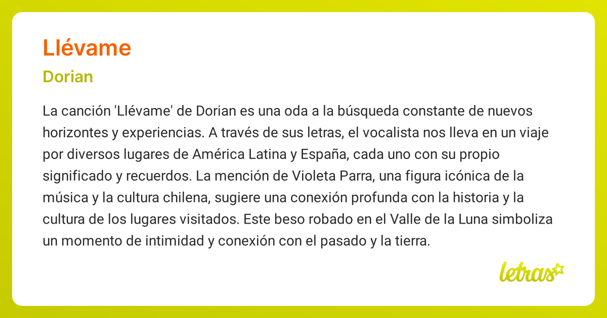 Significado de la canción LLÉVAME (Dorian) - LETRAS.COM