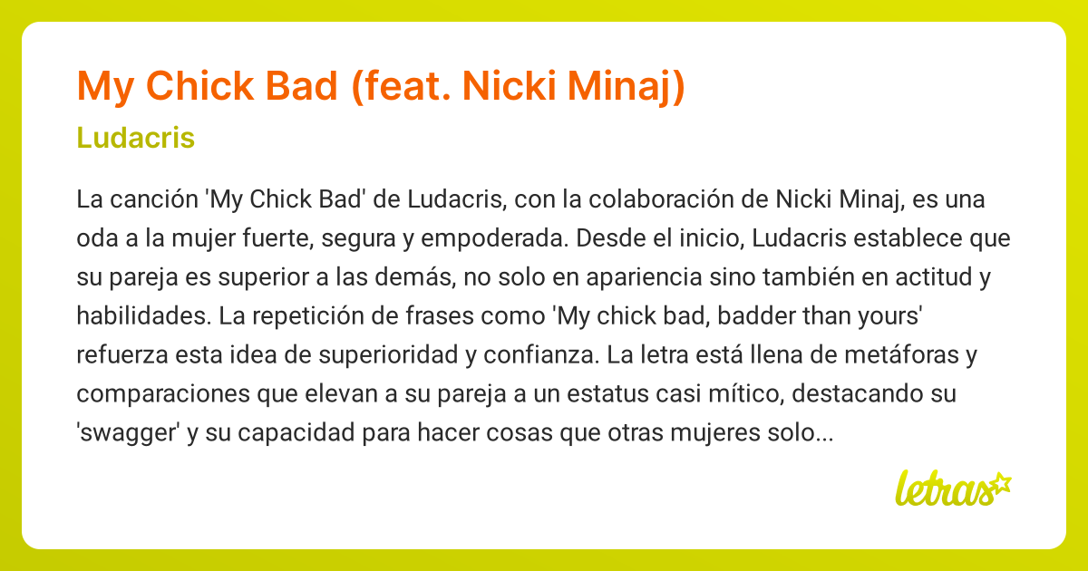 Significado de la canción My Chick Bad (feat. Nicki Minaj) (Ludacris ...