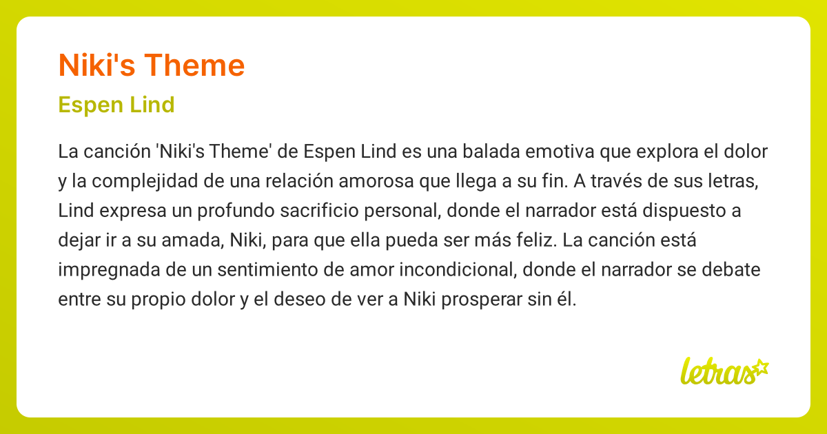 Significado de la canción NIKI'S THEME (Espen Lind) - LETRAS.COM